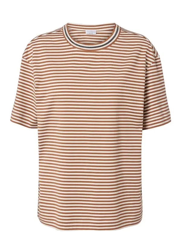 Brunello Cucinelli Striped Oversized Cotton Jersey T-shirt - Brown