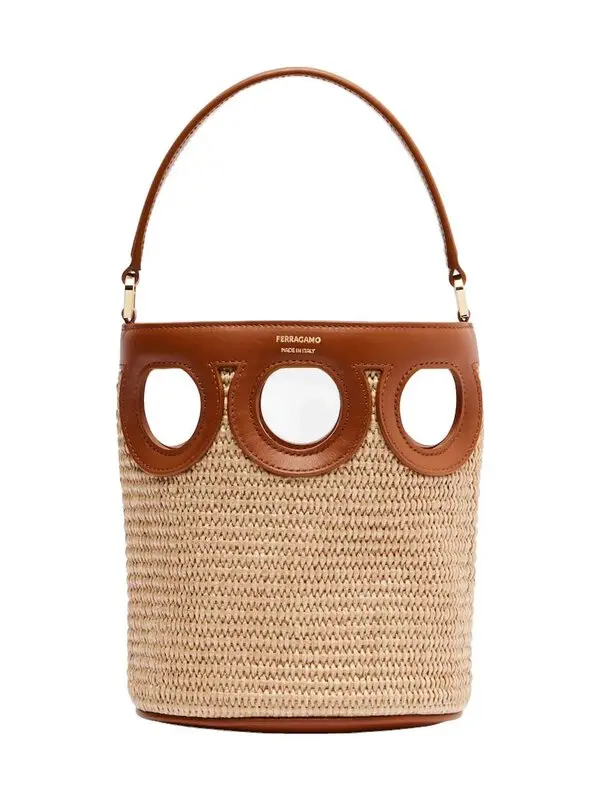 FERRAGAMO Gancini Small Raffia Bucket Bag - Brown