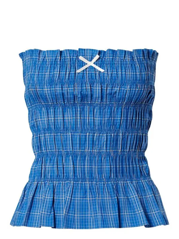 Faithfull The Brand Leya Gathered Plaid Cotton Top - Blue