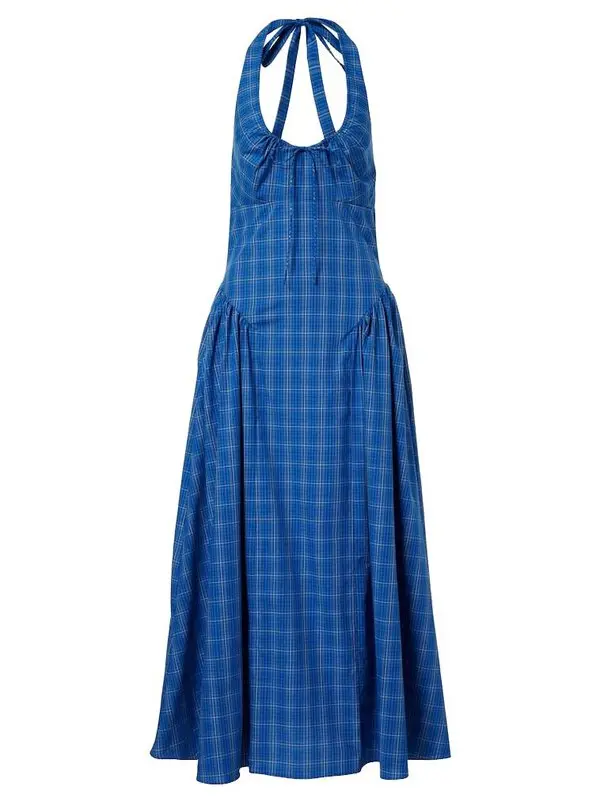Faithfull The Brand Del Ros Plaid Halterneck Cotton Midi Dress - Blue