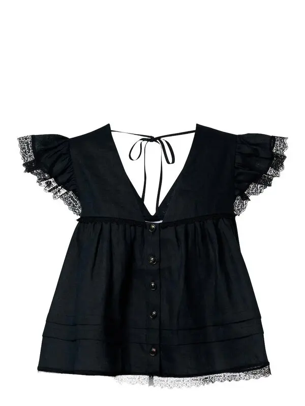 GANNI Lace-trimmed Linen Top - Black