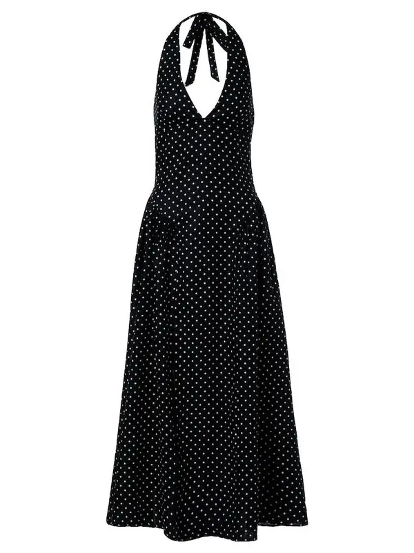 Faithfull The Brand La Cala Polka-dot Halterneck Linen Midi Dress - Black