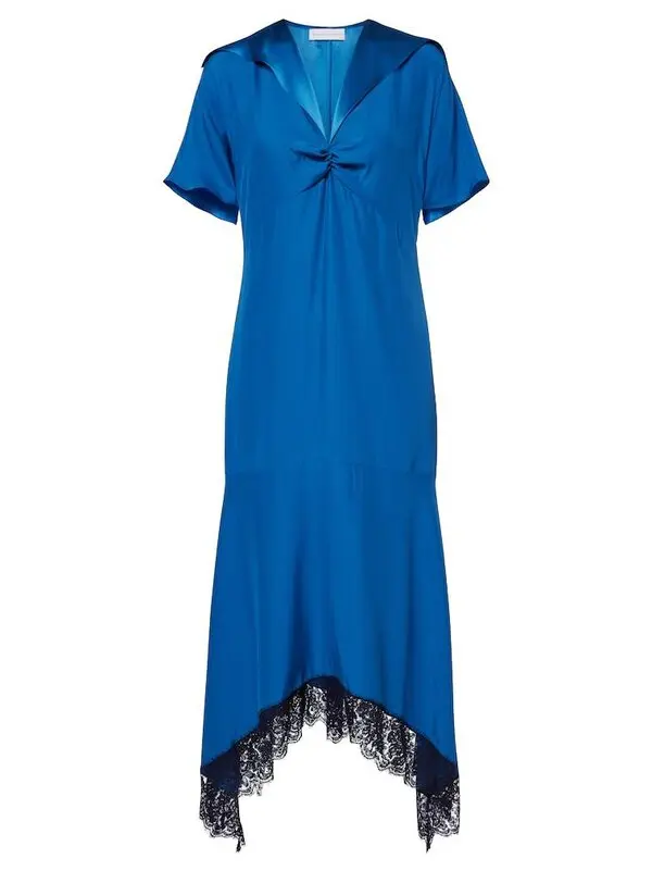 Stella McCartney Gathered Lace-trimmed Silk Midi Dress - Blue