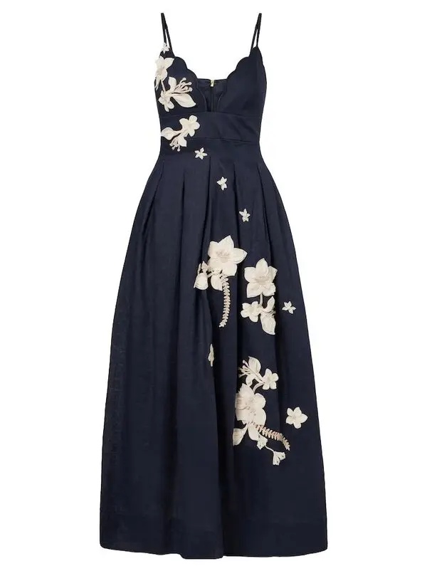 Agua Bendita Sula Floral-appliqué Linen Maxi Dress - Blue