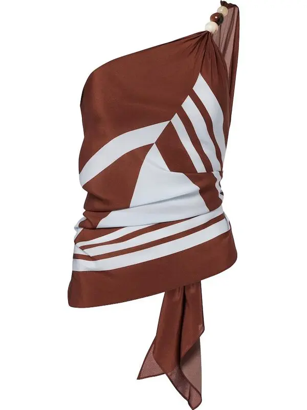 SIR. Beaded One-shoulder Printed Silk Top - Brown