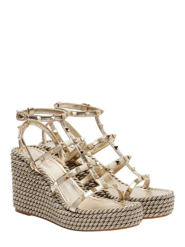 Valentino Garavani Rockstud Torchon Leather Wedge Espadrilles - Gold
