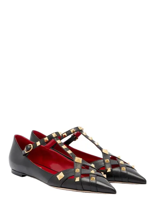 Valentino Garavani Studded Leather Mary Jane Flats - Black