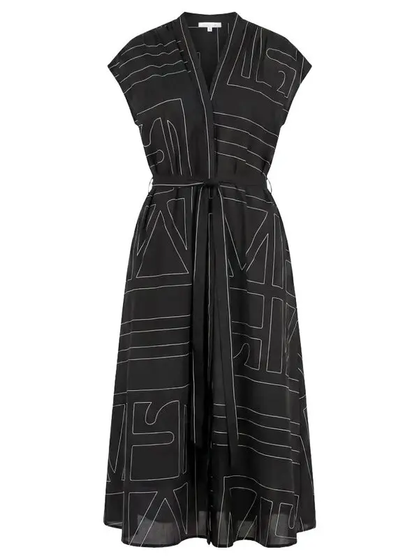 MEIMEIJ Geometric Print Belted Midi Dress - Black