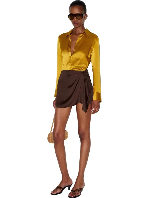 REFORMATION Milla Silk Skirt - Brown