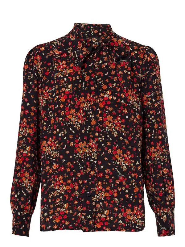 Gucci Floral Silk Self-tie Collar Blouse - Multicoloured