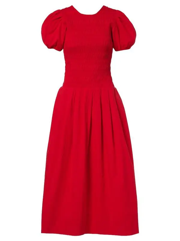 GANNI Shirred Cotton-blend Poplin Midi Dress - Red