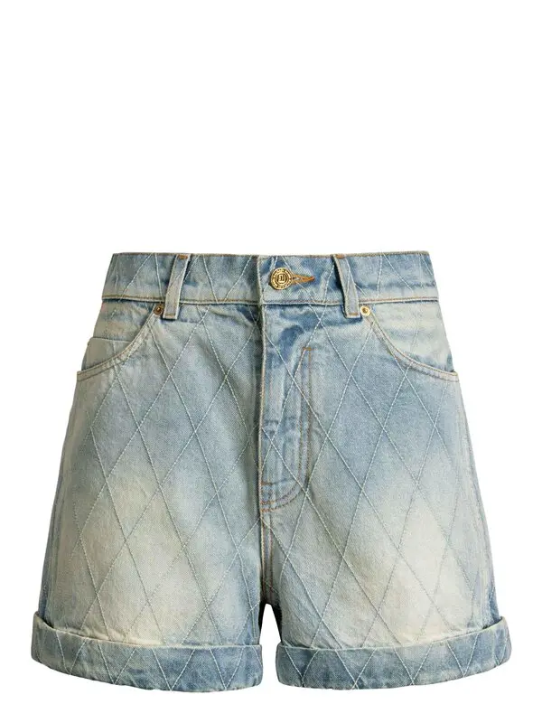 Balmain Quilted Topstitched Denim Shorts - Blue