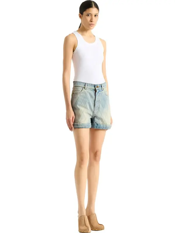 Balmain Quilted Topstitched Denim Shorts - Blue