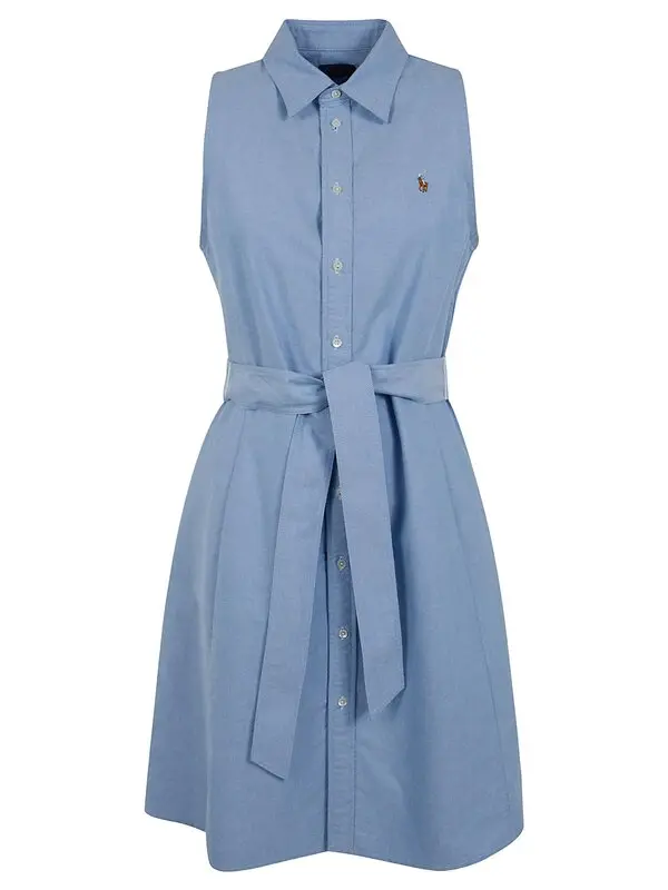 Polo Ralph Lauren Sleeveless Collared Shirt Dress With Belt - Blue