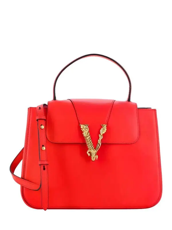 Versace Virtus Top Handle Bag Leather Medium Satchel - Red