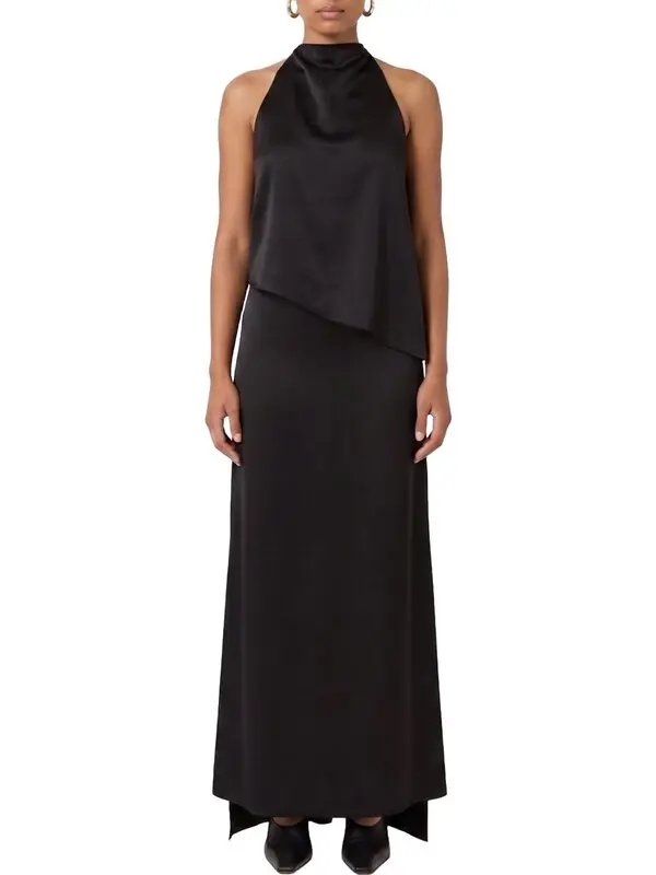 Sportmax Dolmen Long Satin Halterneck Dress - Black