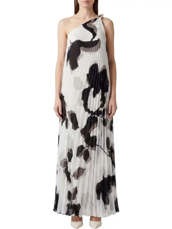 Max Mara One-shoulder Floral Chiffon Gown - White