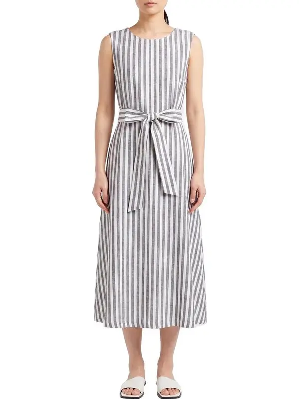 Barbour Striped Midi Dress With Belted Waist - Navy
