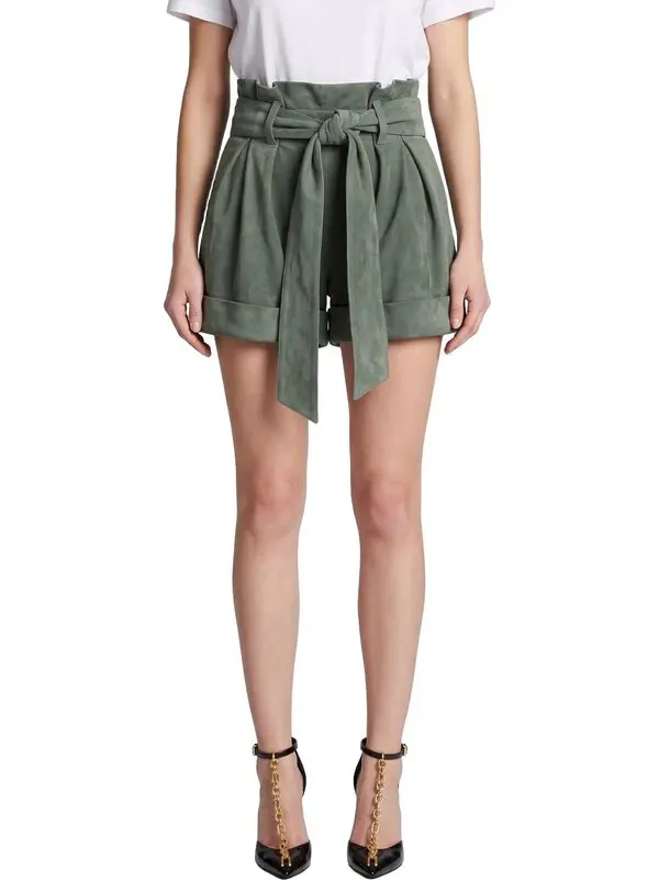 Balmain Belted Suede Shorts - Green