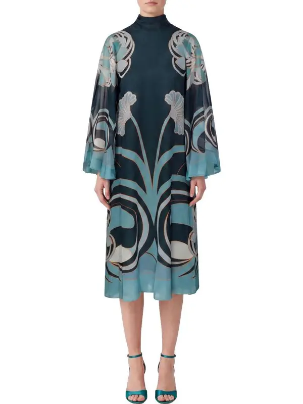 La DoubleJ Long Sleeve Printed Silk Dress - Blue
