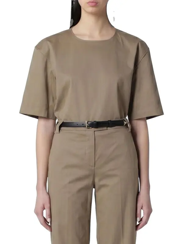 THELATEST Cropped Cotton Crew Neck Top With Teardrop Back Closure - Beige