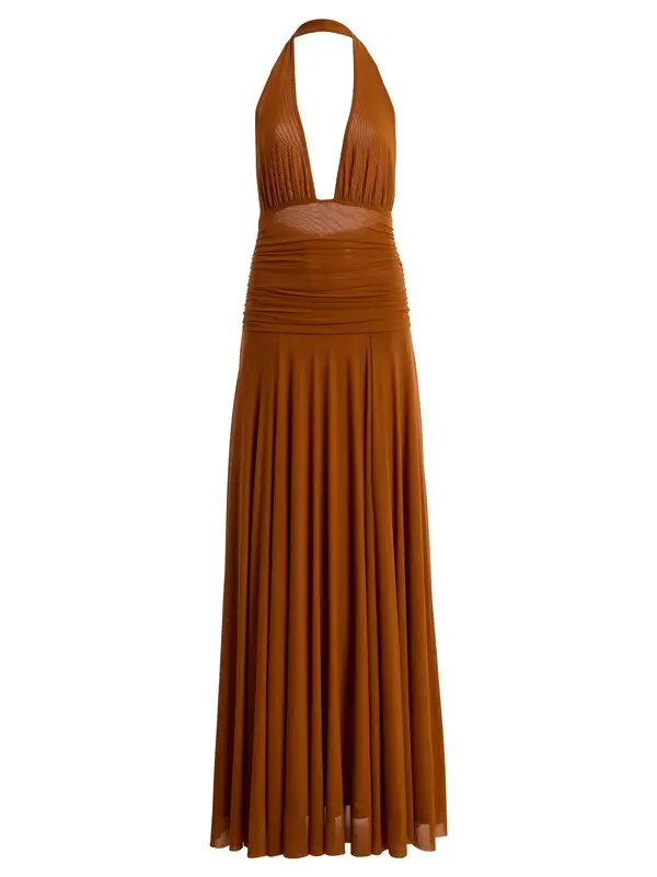 Staud Alessandra Pleated Halterneck Maxi Dress - Brown