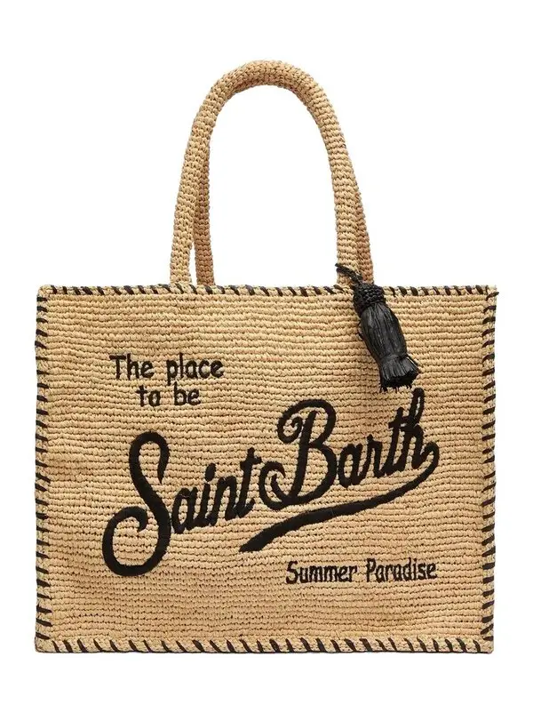 MC2 SAINT BARTH Raffia Tote Bag With Embroidered Logo - Nude & Neutrals