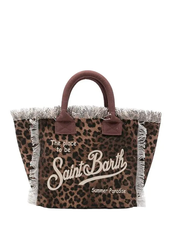 MC2 SAINT BARTH Leopard Canvas Tote Bag With Fringes - Brown