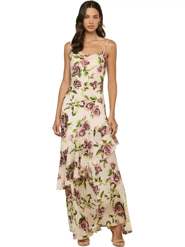 L'Agence Viola Silk Floral Print Gown - Ecru/mauve Romantic Rose