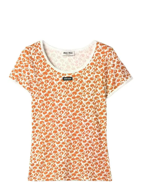Miu Miu Ribbed Knit Cotton T-shirt With Floral Print - Neutrals