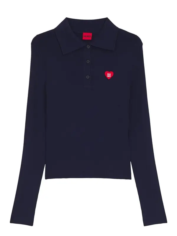 Hugo Ribbed Crepe Polo Sweater With Heart Badge - Blue