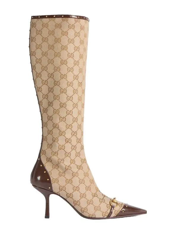 Gucci Gg Canvas Knee High Boots With Horsebit Detail - White