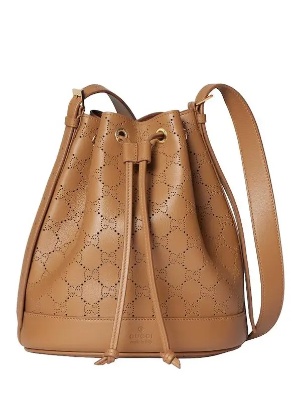 Gucci Small Bucket Bag In Perforated Leather - Brown