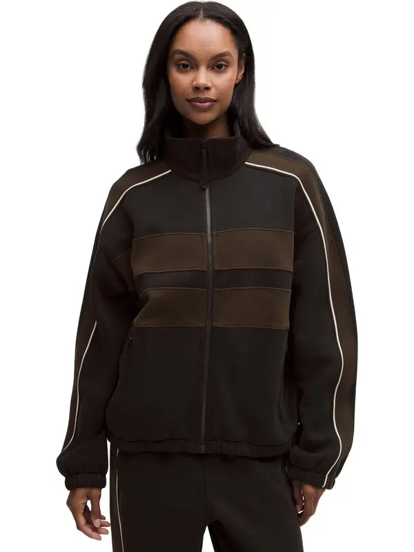 Lululemon Steady State Oversized Funnel Neck Zip-up Fleece Jacket - Black/walnut Crunch/light Ivory