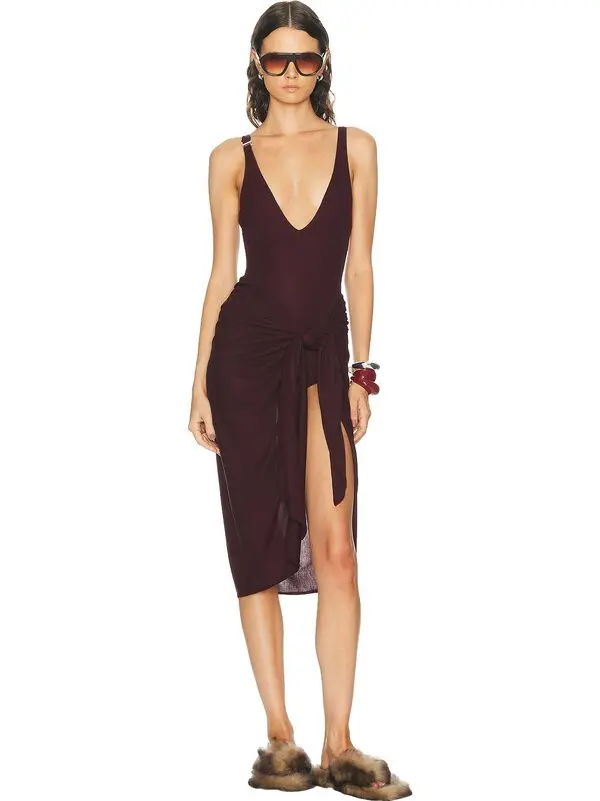 Attico Burgundy Rib Knit Midi Dress With High Slit - Dark Grapes