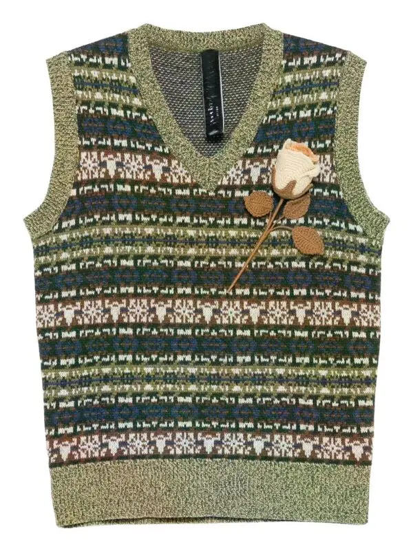 KA WA KEY Hand-crocheted Rose V-neck Vest - Green