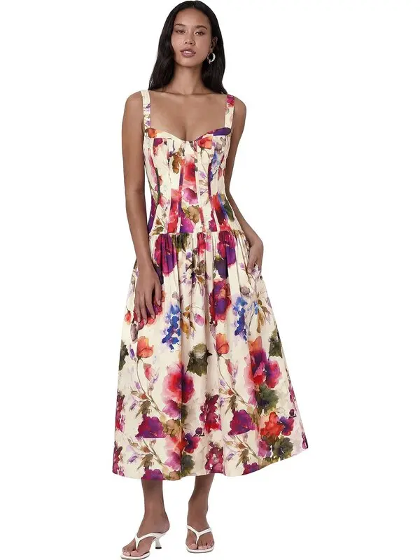 NICHOLAS Makenna Floral Print Corset Midi Dress - Watercolor Flora