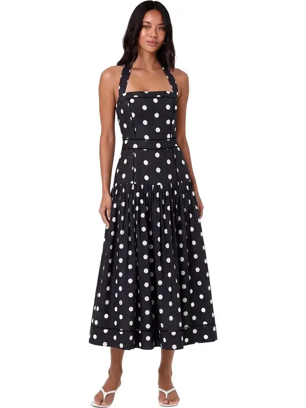 NICHOLAS Vivianne Polka Dot Halterneck Midi Dress - Black / White Polka Dot
