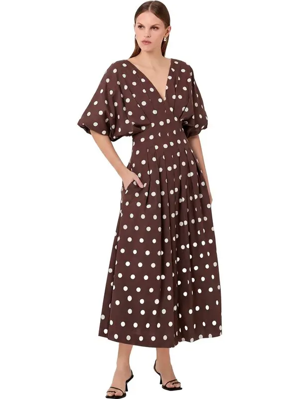 NICHOLAS Vicky Polka Dot Midi Dress - Mocha Polka Dot