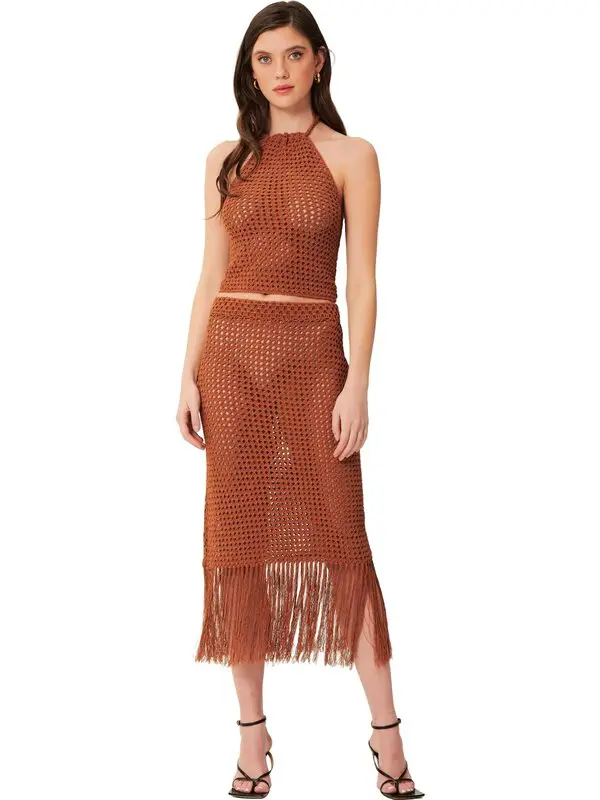 NICHOLAS Helen Crochet Fringe Skirt - Russet