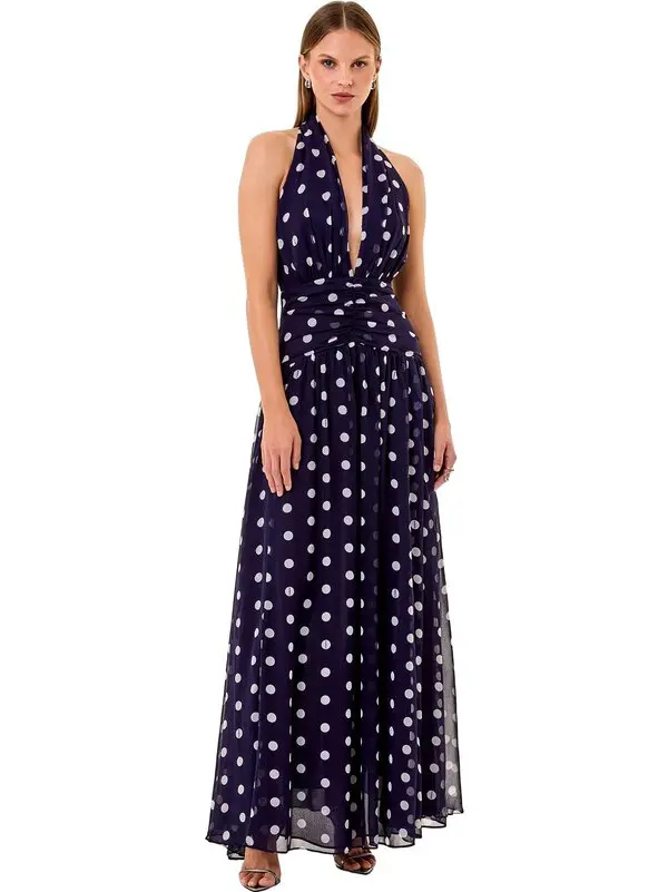 NICHOLAS Arella Polka Dot Halterneck Maxi Dress - Navy Ivory Polka Dot