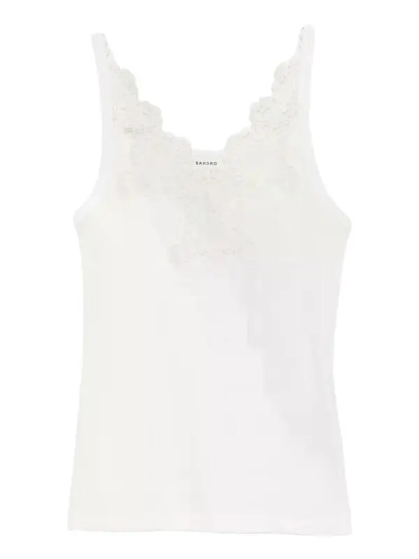 Sandro Ribbed-knit Lace-trim V-neck Top - Neutrals