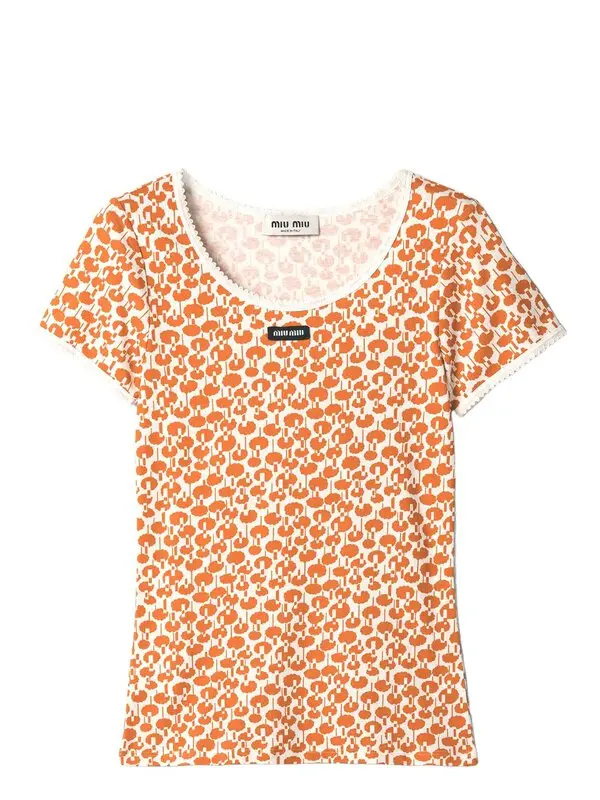 Miu Miu Floral Print Cotton T-shirt - Avory / Orange