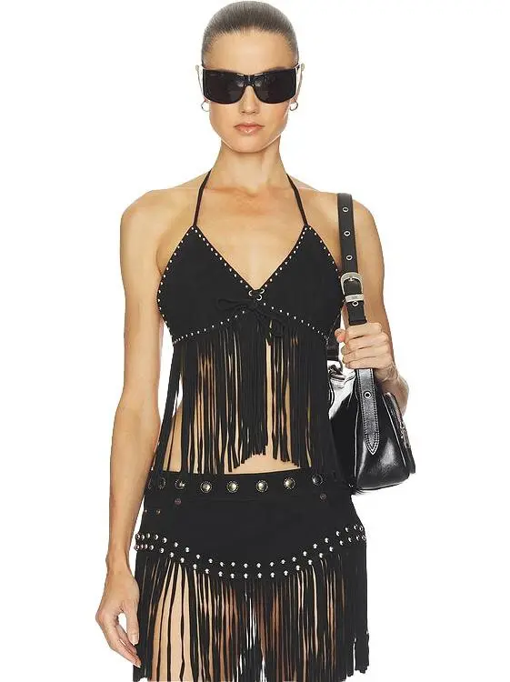 ONETEASPOON Rebel Rider Fringed Studded Suede Cami Top - Black