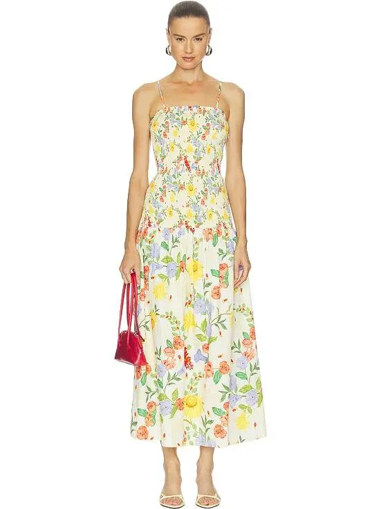 Verandah Smocked Cotton Satin Maxi Dress - Ivory Multi Floral