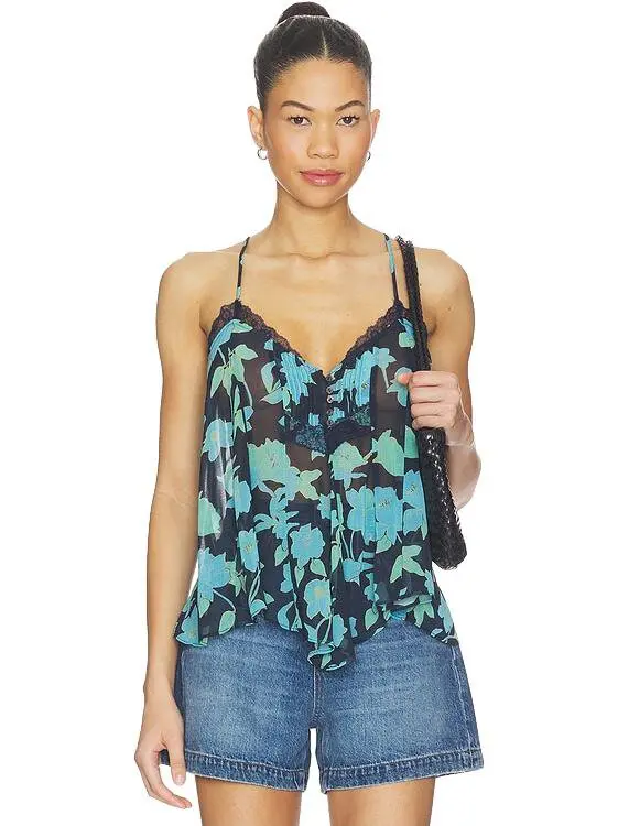 Free People Margaux Printed Chiffon Tank With Lace Trim - Capri Blue Combo