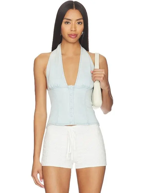 Free People Denim Halter Top With Button Front And Back Tie - Light Sky