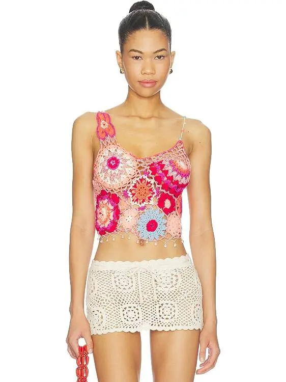 Free People Crochet Floral Tank Top With Embellishments - Pink Solace Combo