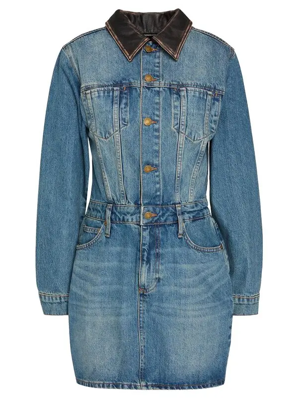 Simkhai Maxella Denim Mini Dress With Leather Trim - Mid Denim