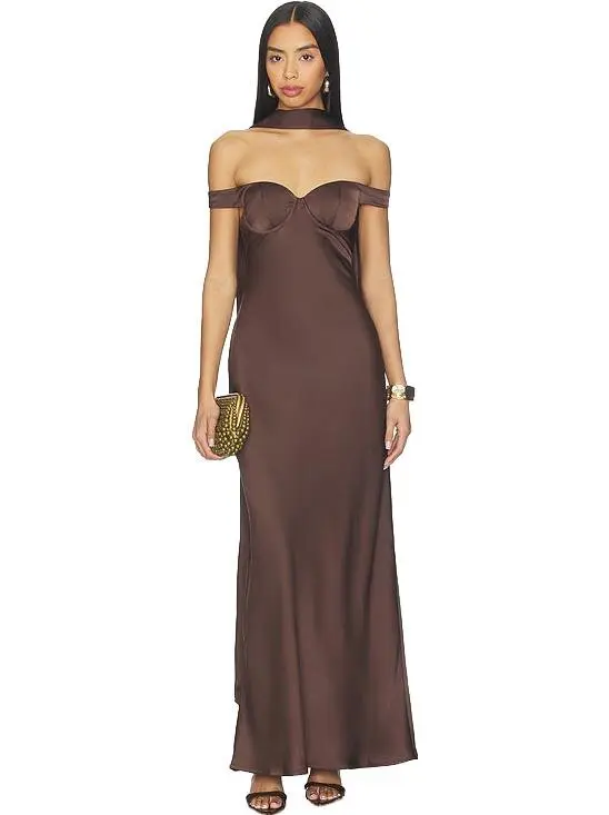 RUNAWAY THE LABEL Off Shoulder Maxi Dress - Bitter Chocolate